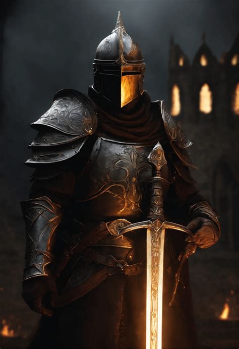 A Man In Armor Holding A Sword In Front Of A Castle Seaart Ai
