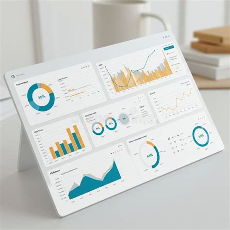 A Digital Display Features Multiple Data Visualization Panels Including Pie Charts And Stock