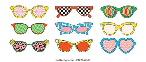 Retro Psychedelic Sunglasses Vector Illustrations Isolated Stock Vector