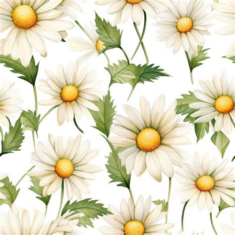 Premium Ai Image Seamless Floral Pattern With White Daisies And Green Leaves Generative Ai