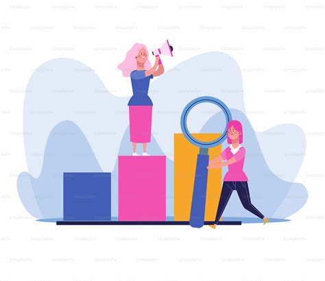차트 막대 그래프에 확성기를 사용하는 행복한 여자와 하얀 배경 화려한 디자인 벡터 그림 위에 큰 돋보기를 들고 있는 여자 벡터 Unsplash의 이미지