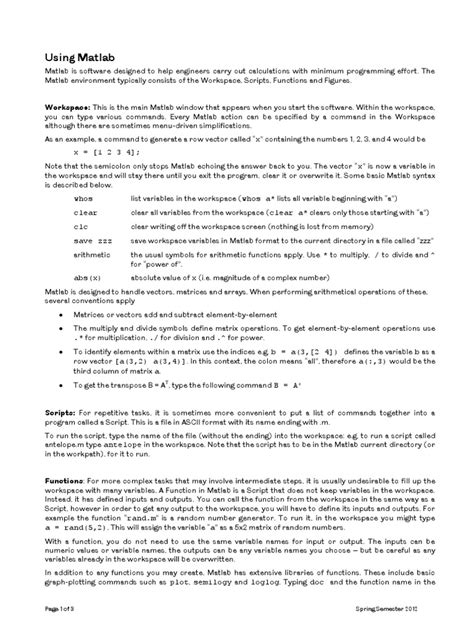Using Matlab Page 1 Of 3 Spring Semester 2012 Pdf Matlab Matrix