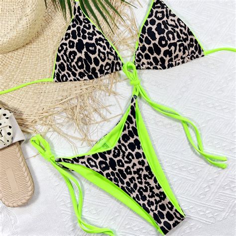 Bold String Leopard Print Slide Triangle Brazilian Two Piece Bikini Sw