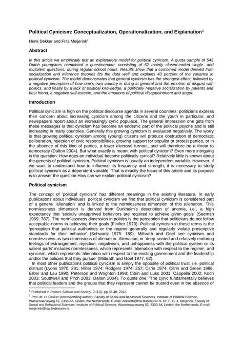 Pdf Political Cynicism Conceptualization Operationalization And