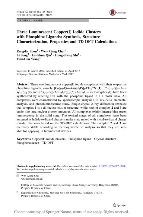 Three Luminescent Copperi Iodide Clusters With Phosphine Ligands
