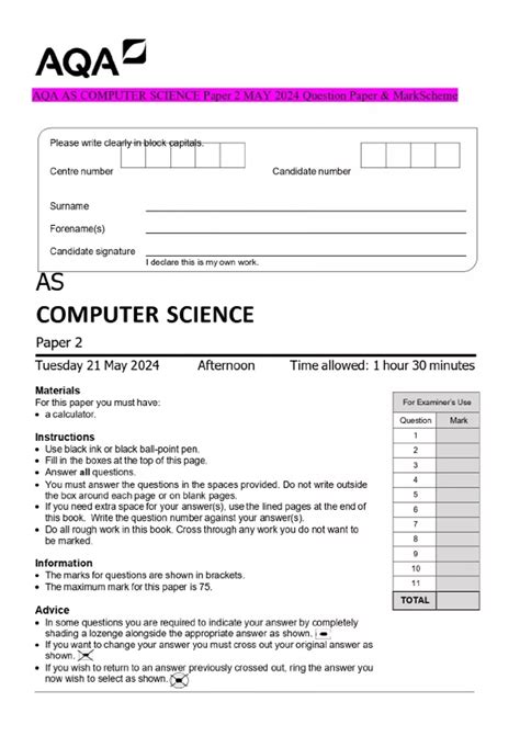 Aqa As Computer Science Paper 2 May 2024 Question Paper And Markscheme