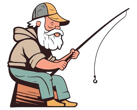 Der Charakter Eines Alten Mannes Mit Mütze Sitzt Mit Einer Angelrute Und Fischt Zu Seinem