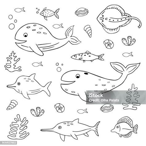 낙서 스타일의 바다 물고기 세트 해양 생물과 수중 세계 고래 가오리 상어 돌고래 물고기 산호 조류 조개 벡터 물고기에 대한 스톡 벡터 아트 및 기타 이미지 Istock