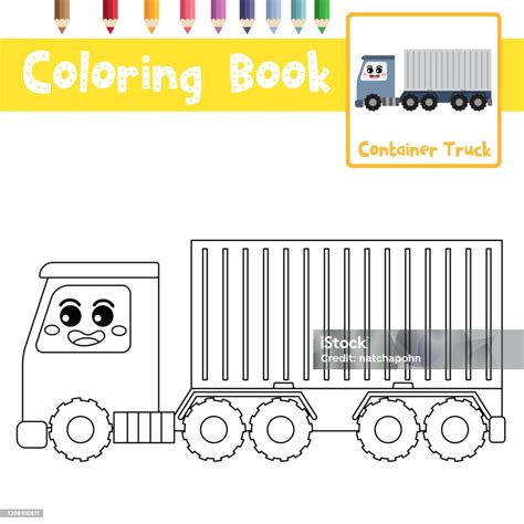 색칠 하기 페이지 컨테이너 트럭 만화 캐릭터 측면 보기 벡터 일러스트 교육에 대한 스톡 벡터 아트 및 기타 이미지 교육