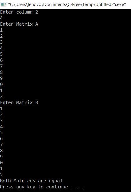 All C Programs Check Whether Both Matrices Are Equal Or Not
