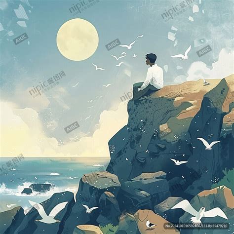 Ai创作图在海边看风景的人 站在悬崖边上男子 坐在悬崖边上的女生 人与自然插画 月光插画月光下 日光岩插画 风景人物插画 意境人物插画 插画海洋辽阔 东极岛插画 蓝天白云大海岩石插画 扁平噪点