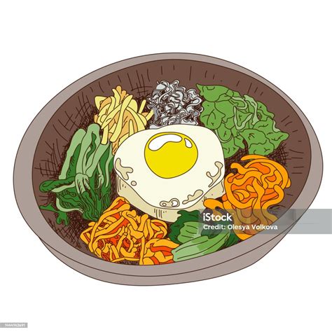 손으로 그린 한국 음식 비빔밥 그림 비빔밥 레시피의 벡터 그림입니다 계란 후라이 오징어 새우 오이 콩나물 해초를 곁들인 전통 한국 요리 비빔밥 아시아 음식 고기에 대한 스톡