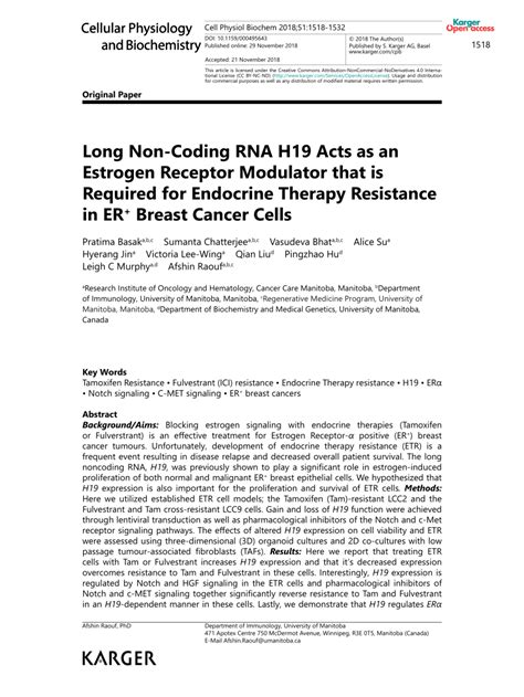 PDF Long Non Coding RNA H19 Acts As An Estrogen Receptor Modulator That Is Required For