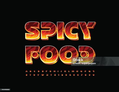 벡터 크리에이 티브 엠블럼 향신료 음식입니다 불타는 패턴 알파벳 문자와 숫자 세트 컴퓨터 글자에 대한 스톡 벡터 아트 및 기타