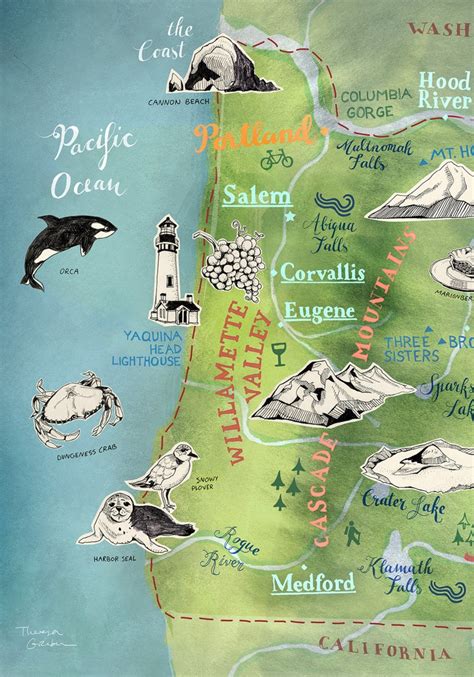 Oregon Map Art Print Illustrated Map Of Oregon Pacific Etsy