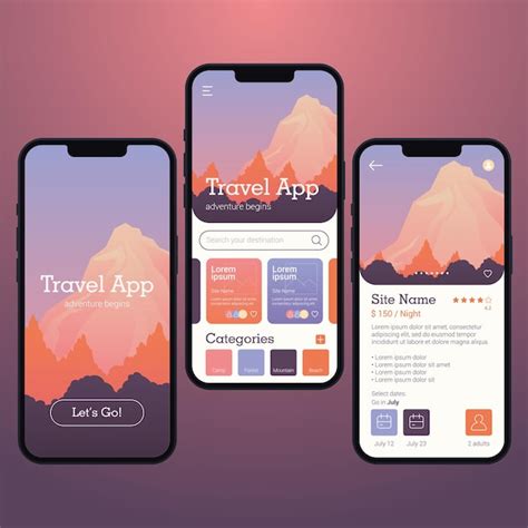 Premium Vector Colored Travel Mobile App Ui Mockup Template Vector