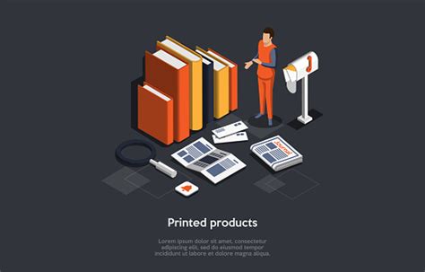 타이포그래피 및 상업용 인쇄 산업 개념 남성 캐릭터는 책 저널 및 신문과 같은 다양한 인쇄 제품을 제공합니다 회색 배경에 대한 3d 이소메트릭 벡터 일러스트레이션 3차원