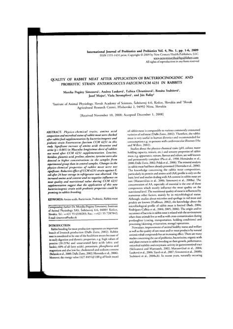 Pdf Quality Of Rabbit Meat After Application Of Bacteriocinogennic And Probiotic Strain