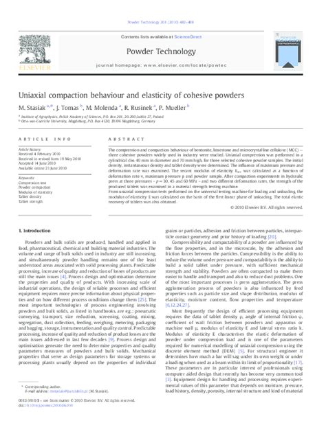 Pdf Uniaxial Compaction Behaviour And Elasticity Of Cohesive Powders