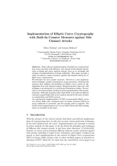Pdf Implementation Of Elliptic Curve Cryptography With Built In Counter Measures Against Side