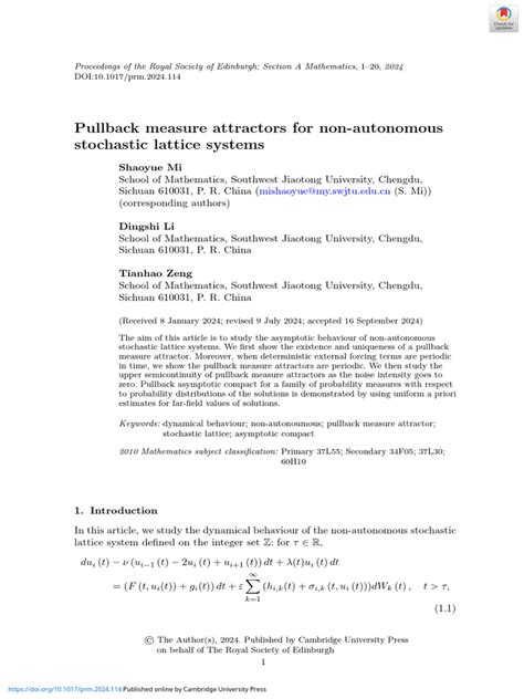 Pullback Measure Attractors For Non Autonomous Stochastic Lattice Systems Pdf Dynamical