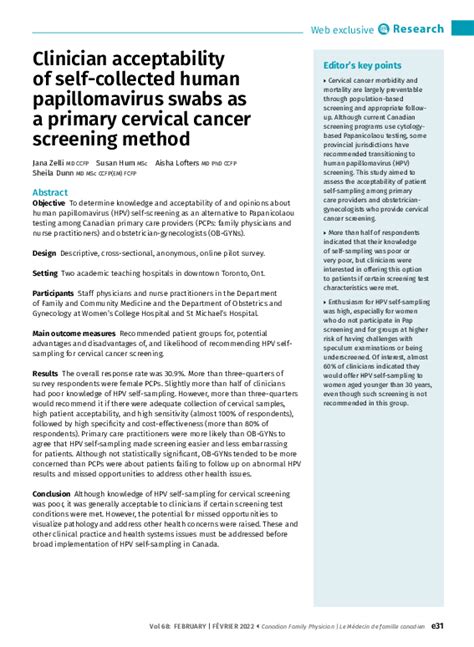 Pdf Clinician Acceptability Of Self Collected Human Papillomavirus Swabs As A Primary Cervical