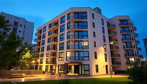 Modern Apartment Building Exterior At Night City Generative Ai Stock