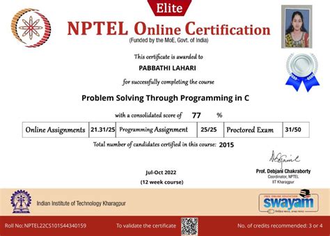 Lahari Pabbathi On Linkedin Nptel Cprogramming Problemsolving Techskills Futureprojects
