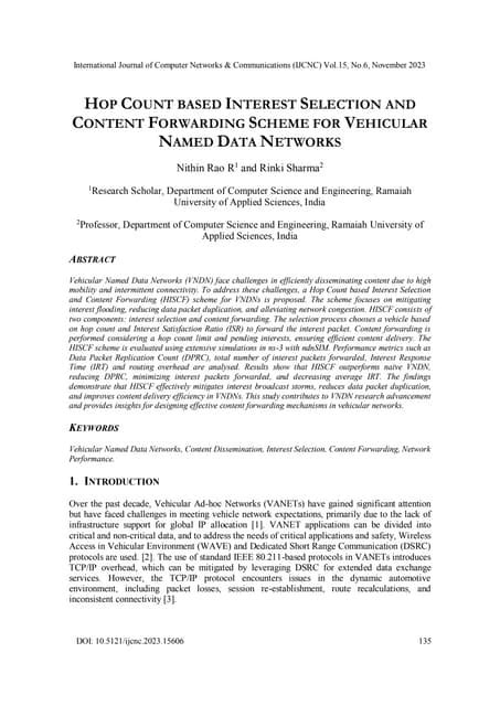 hop count based interest selection and content forwarding scheme for vehicular named data