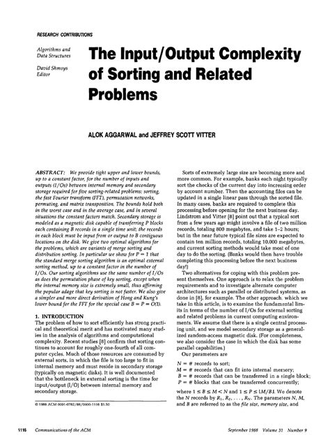 The Inputoutput Complexity Of Sorting And Related Problems Research Contfll3ullons Algorithms