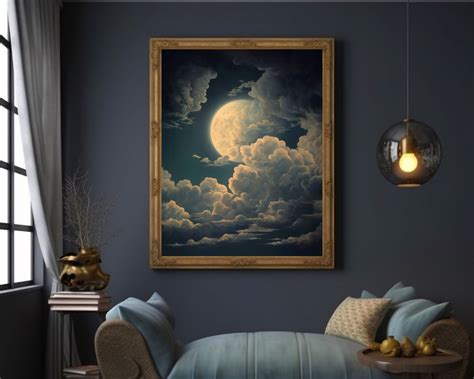 Moon And Clouds Antique Celestial Wall Art Moody Night Sky Painting