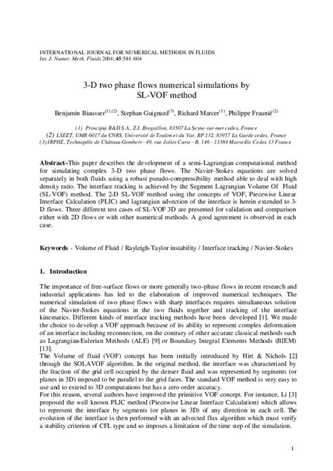 Pdf 3d Two Phase Flows Numarical Simulations By Sl Vof Method