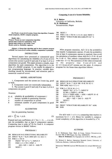 Pdf Computing K Out Of N System Reliability