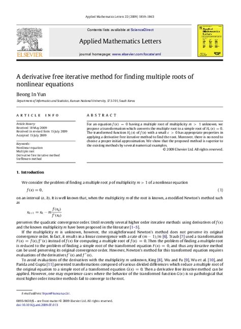 pdf a derivative free iterative method for finding multiple roots of nonlinear equations