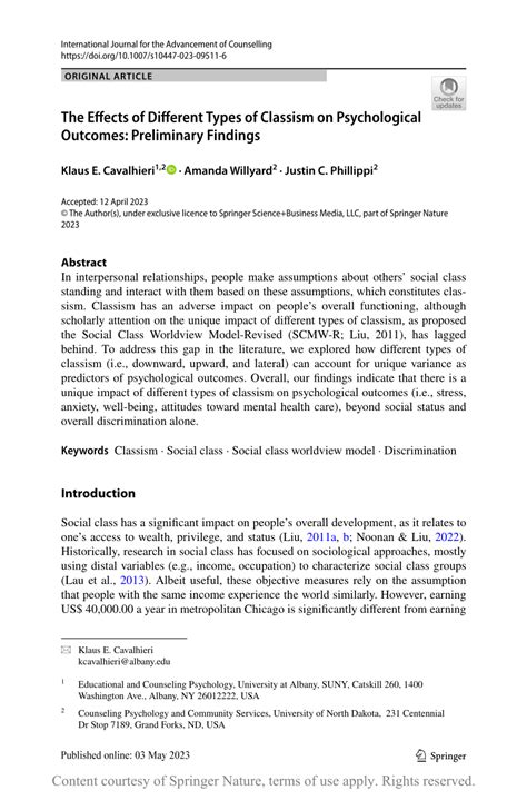 The Effects Of Different Types Of Classism On Psychological Outcomes