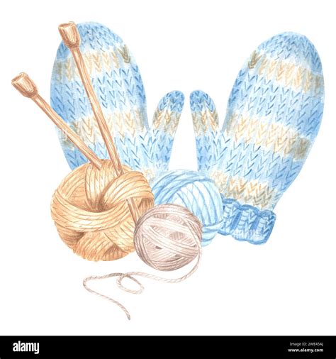 Watercolor Knited Mittens With Tangle Of Thread And Knitting Needles