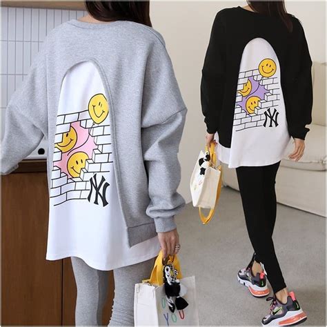 나나스타일 빅사이즈 스마일 프린팅이 귀여운포인트로 레이어드 스타일 백 포인트 맨투맨 티셔츠 Facebook