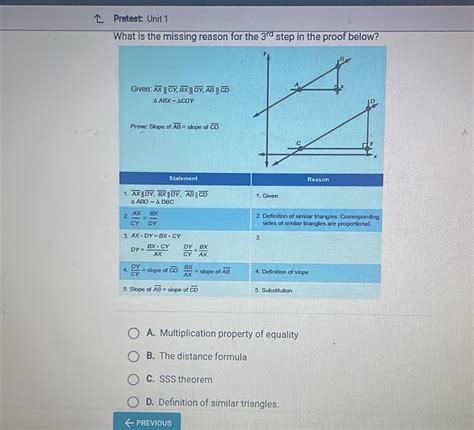 Solved Pretest Unit 1 What Is The Missing Reason For The 3 Rd Step In The Proof Below Given