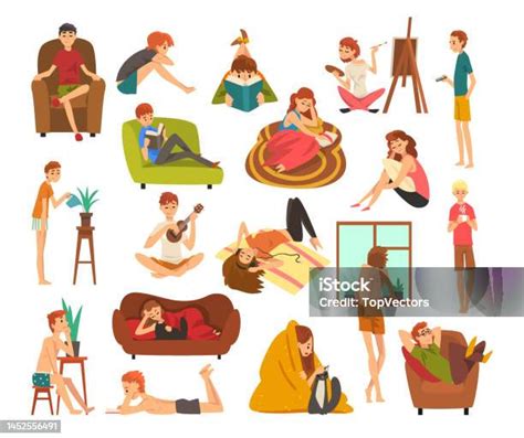 주말을 보내는 사람들 캐릭터 집에 머물면서 다른 활동에 종사 큰 벡터 세트 가정 생활에 대한 스톡 벡터 아트 및 기타 이미지 가정 생활 가정의 방 거실 Istock