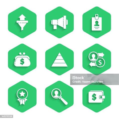 피라미드 차트 인포그래픽 검색 사람들을 위한 돋보기 달러가 있는 지갑 승진 교환 돈 메달 스타 식별 배지 및 판매 깔때기 화살표 아이콘을 설정합니다 벡터 개념에 대한 스톡