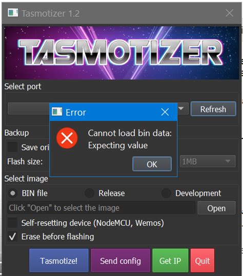 Cannot Load Bin Data Error · Issue 99 · Tasmotatasmotizer · Github