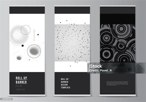 수직 전단지 플래그 디자인 템플릿 배너 스탠드 광고용 모형 템플릿의 벡터 레이아웃 추상 기술 블랙 컬러 과학 배경 디지털 데이터 하이테크 개념 롤업 배너에 대한 스톡 벡터