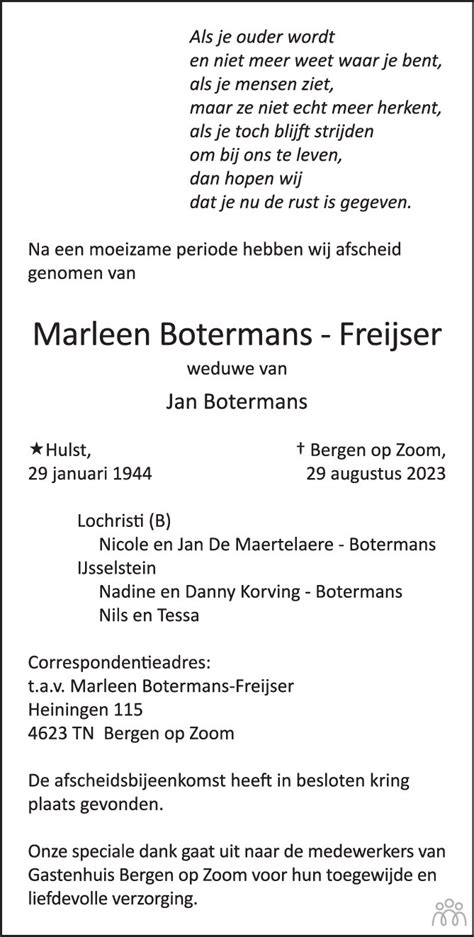 Marleen Botermans Freijser 29 08 2023 Overlijdensbericht En