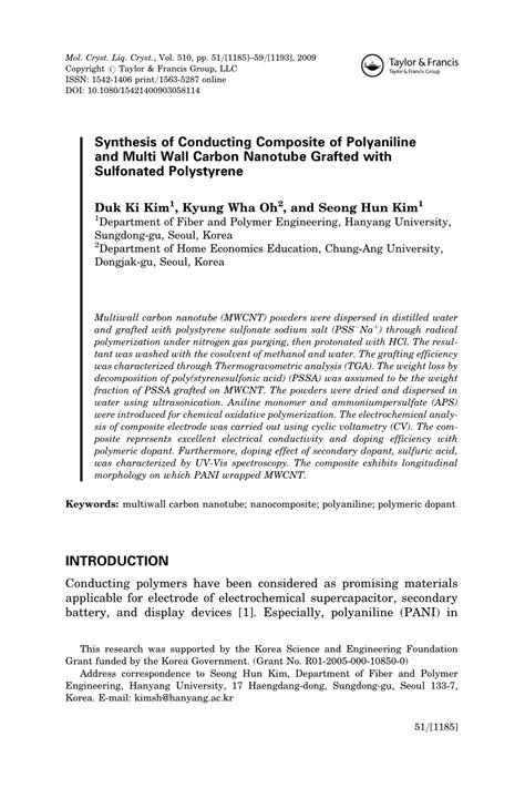 Pdf Synthesis Of Conducting Composite Of Polyaniline And Multi Wall Carbon Nanotube Grafted