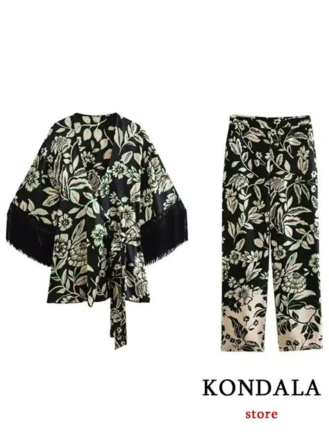 Kondala 빈티지 플라워 프린트 여성 정장 V넥 태슬 새시 기모노 자켓 스트레이트 지퍼 길이 바지 패션 2023 여름 세트
