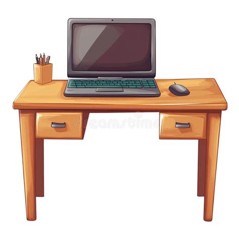 Wooden Desk With Laptop Pencils And Mouse Simple Workspace Setup Stock