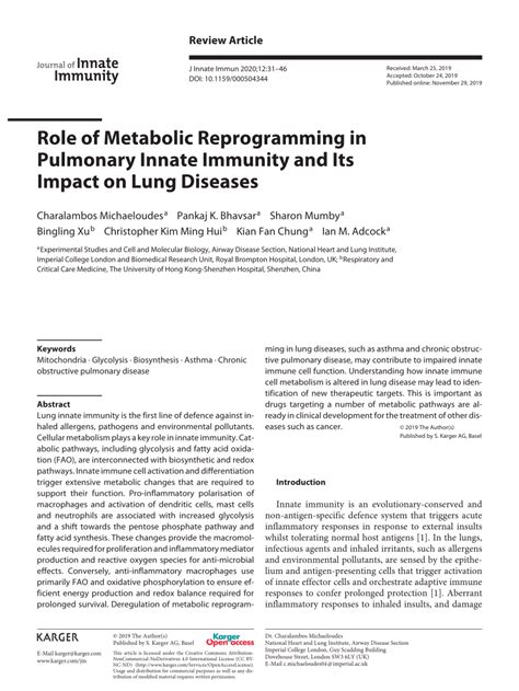 Pdf Role Of Metabolic Reprogramming In Pulmonary Innate Immunity And Its Impact On Lung Diseases