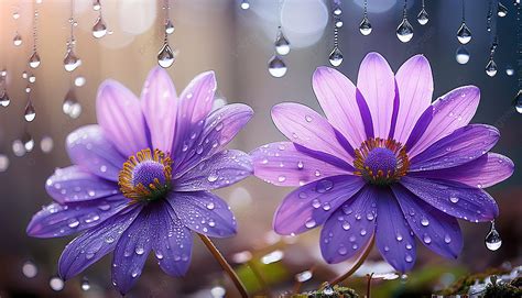 Two Purple Flowers Glistening With Raindrops Background Purple Flowers