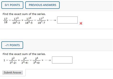 solved 0 1 points previous answers find the exact sum of the