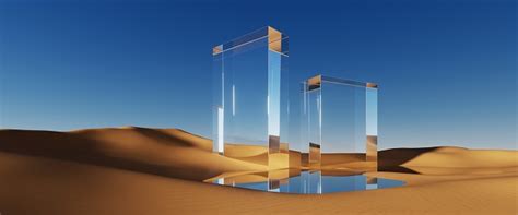 3d 렌더링 추상적인 초현실적인 사막 풍경 화창한 날 맑고 푸른 하늘 노란 모래 언덕 거울 반사가 있는 평평한 표면 기하학적 사각형 유리 아치 미니멀리스트 미적 벽지 사막에